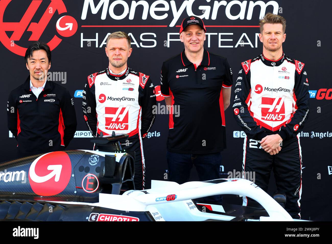Sakhir, Bahrain. 21st Feb, 2024. (L to R): Ayao Komatsu (JPN) Haas F1 Team Principal; Kevin ...