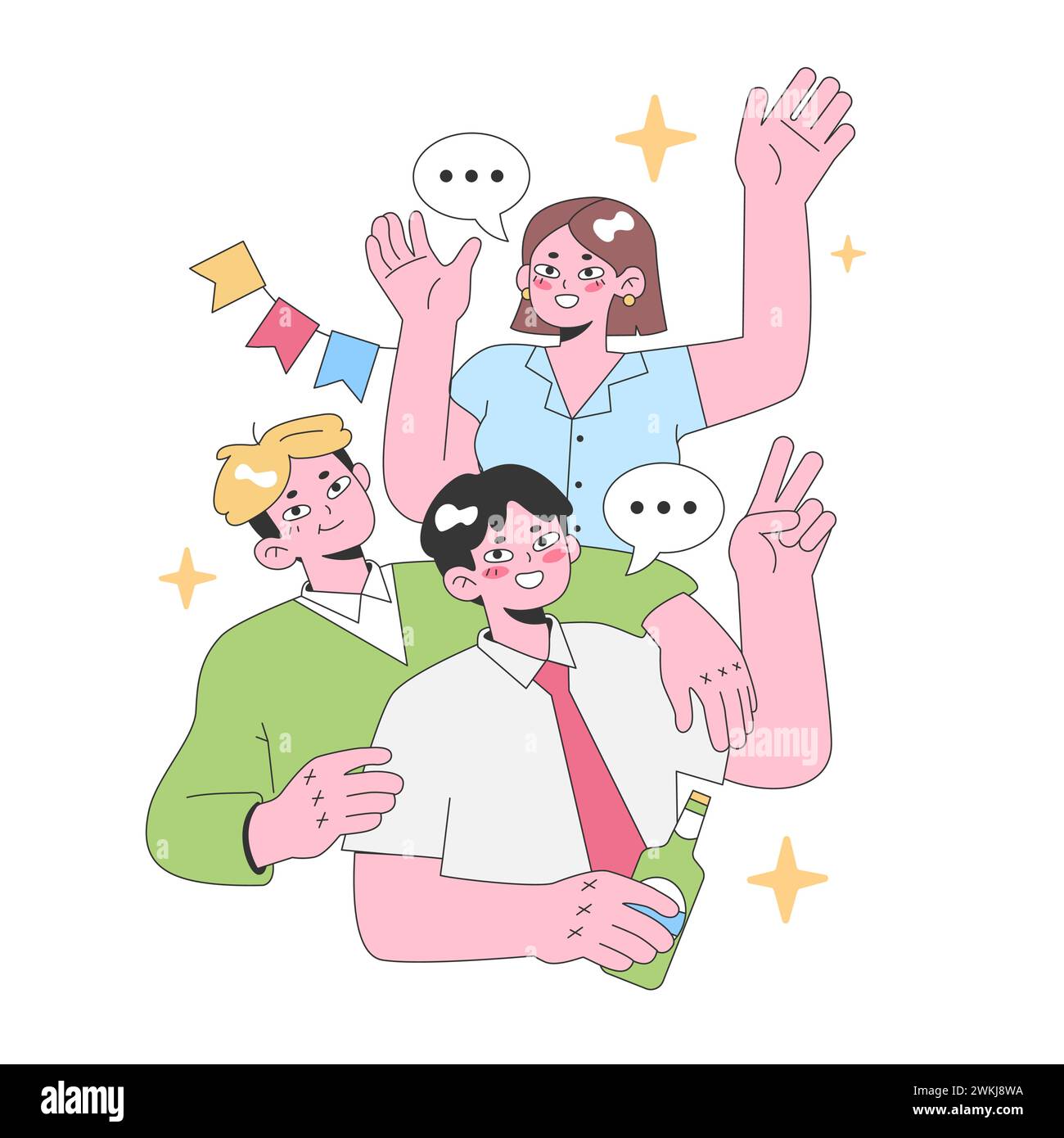 Joyful colleagues celebrate together, expressing unity and happiness in a vibrant office ...