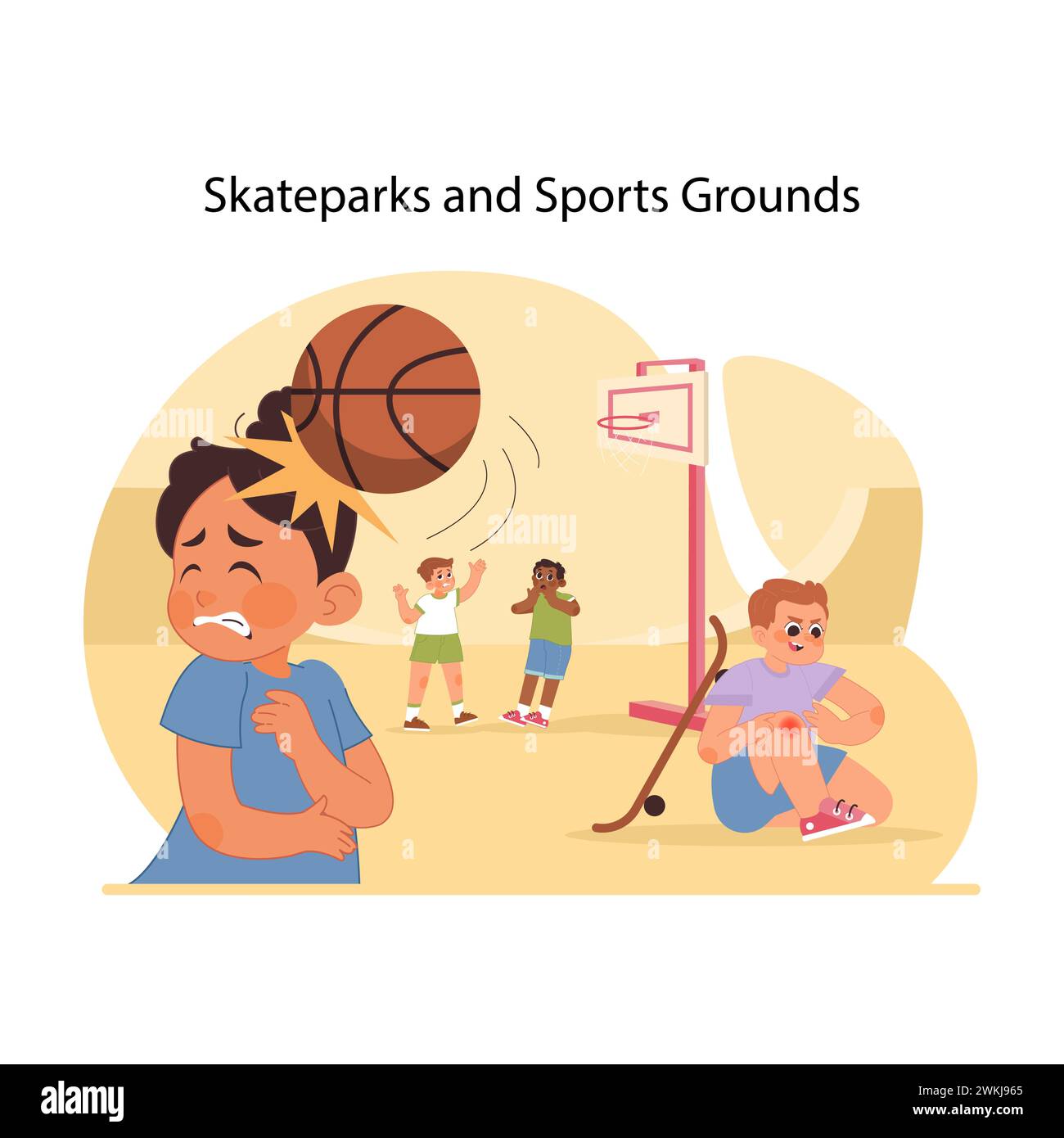 Playground safety lesson. Young girl grimacing in pain from basketball ...