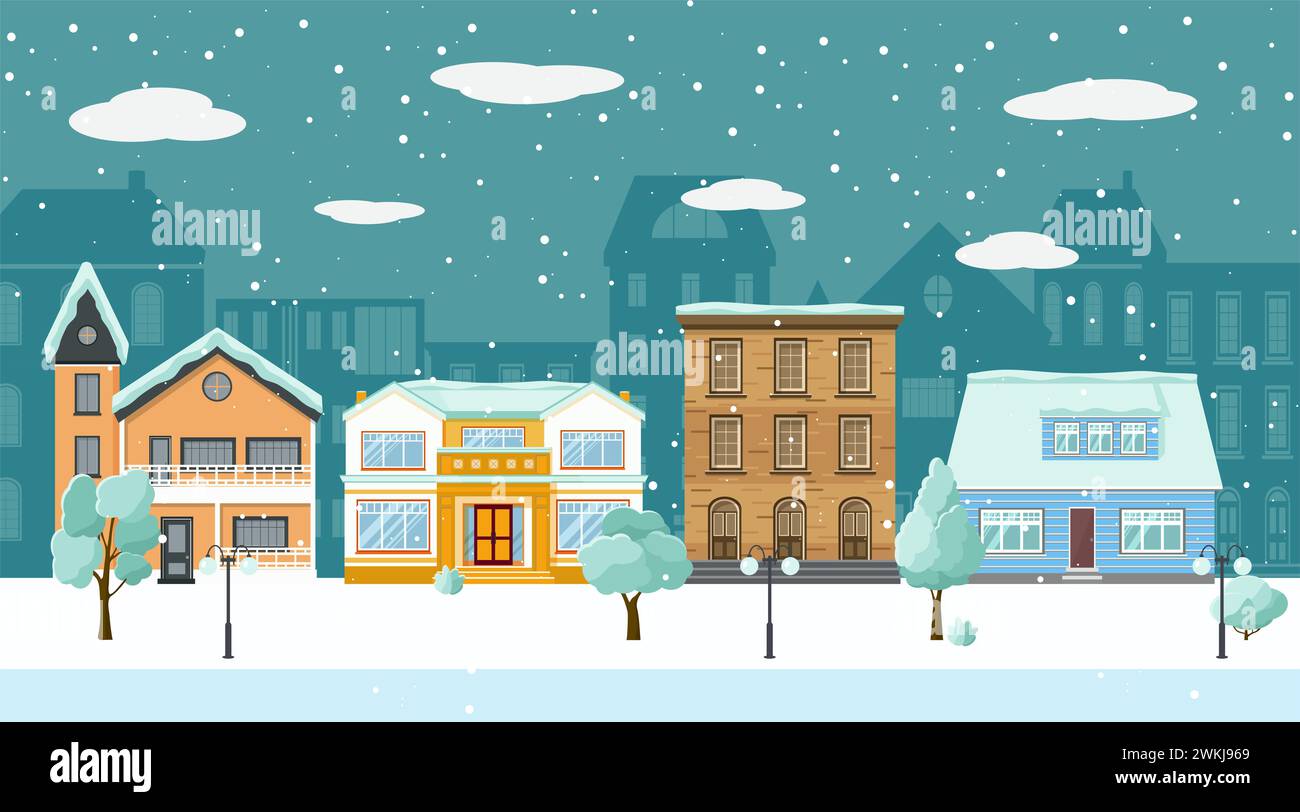 Modern urban landscape with houses, trees and lanterns along the street ...