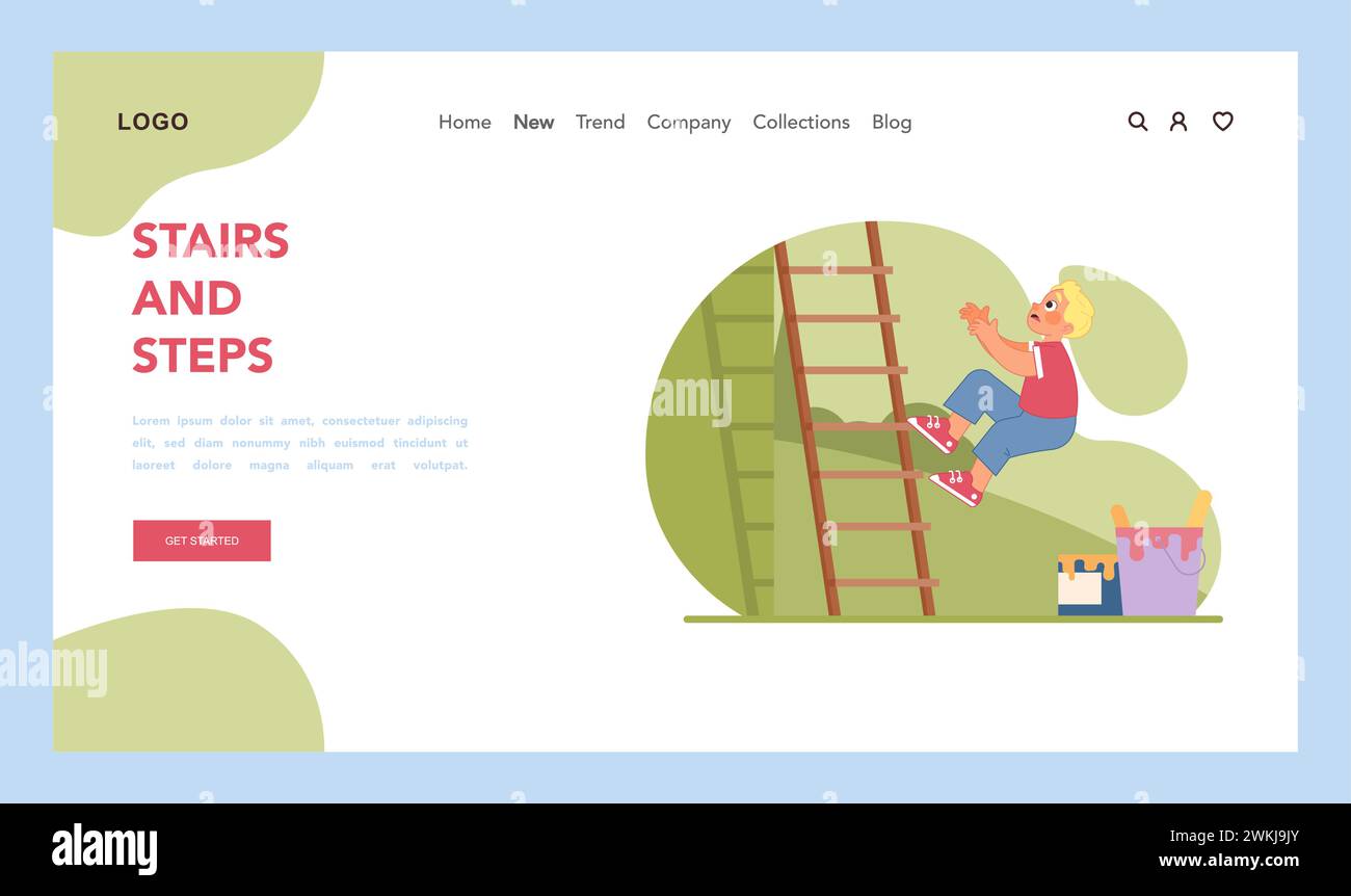 Fall safety alert. Young blonde boy losing balance on ladder and ...