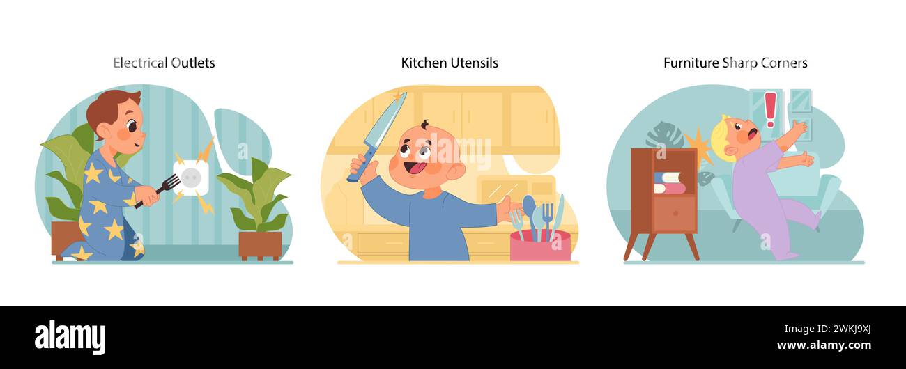 In home safety set. Children interacting with electrical outlets ...