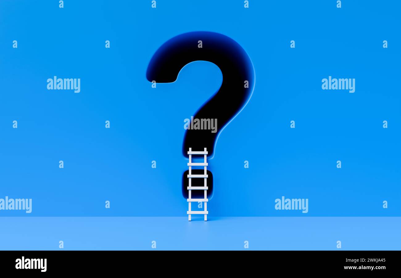 Question mark shaped hole in the wall and ladder leading to it. Curiosity, questioning, problem ...