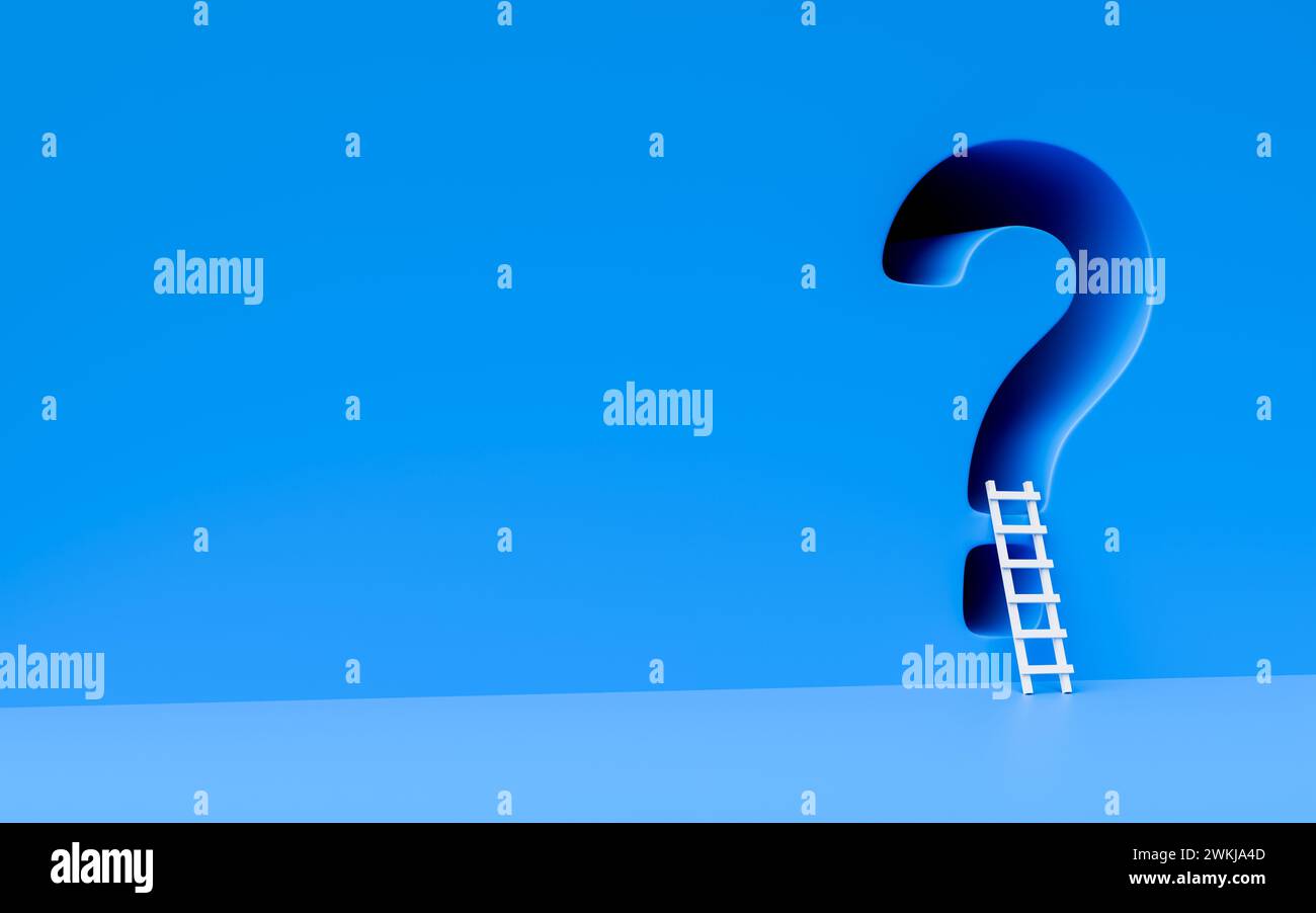 Question mark shaped hole in the wall and ladder leading to it. Curiosity, questioning, problem ...