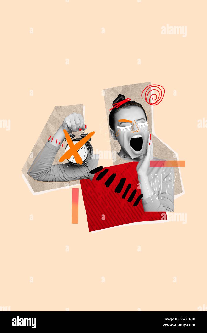 Vertical collage poster young woman miss time oversleep sleepy yawning ...