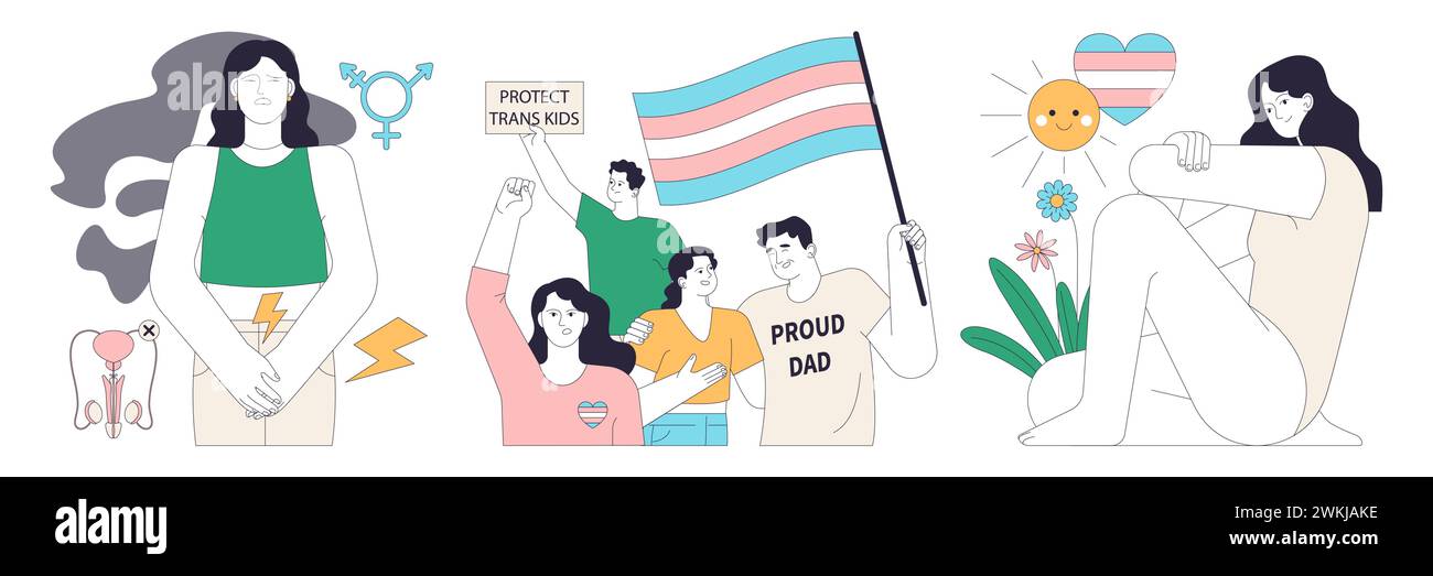 Gender transition consequences set. Gender-affirming therapy, positive ...