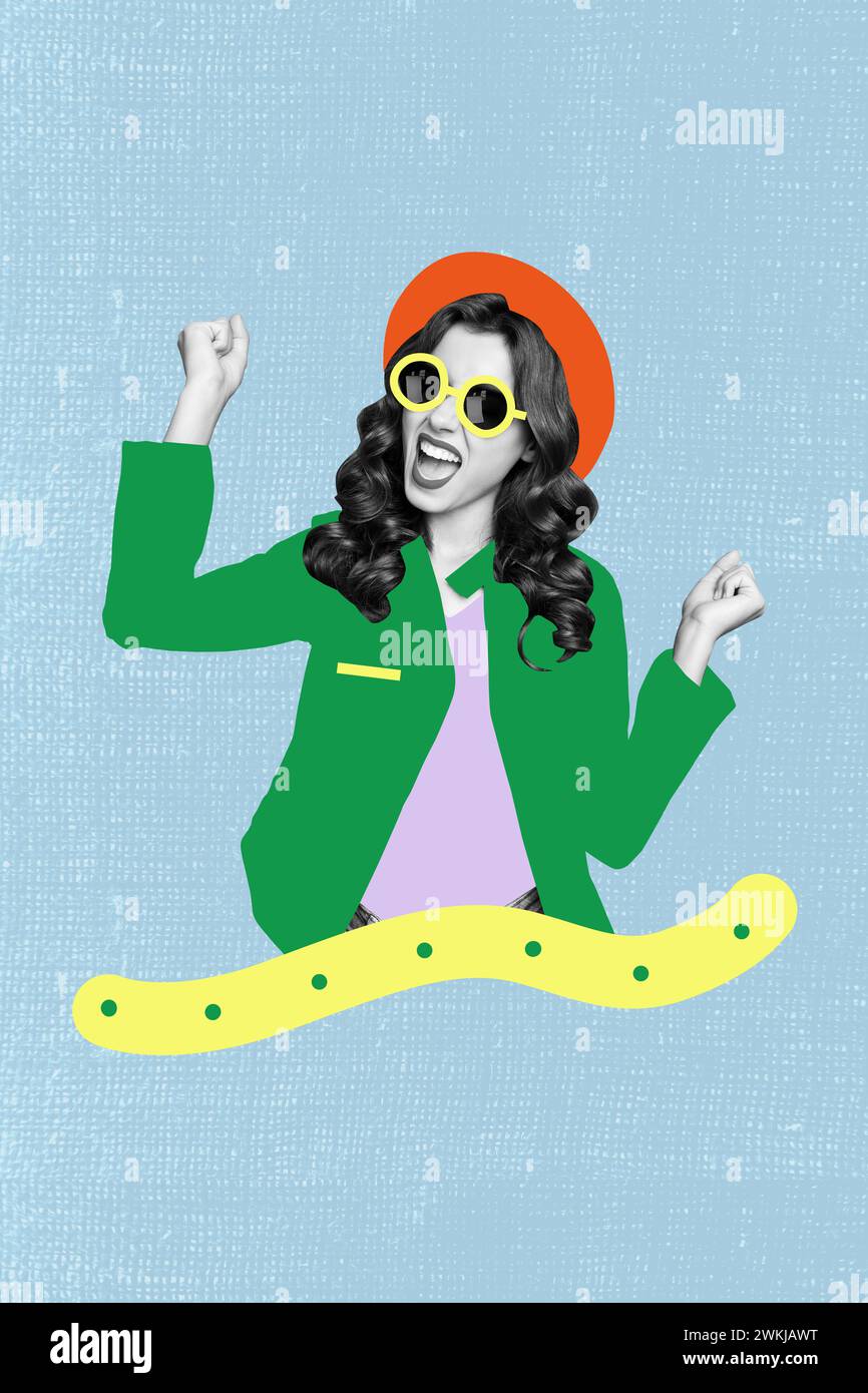 Vertical collage image young ambitious woman reach success emotional ...