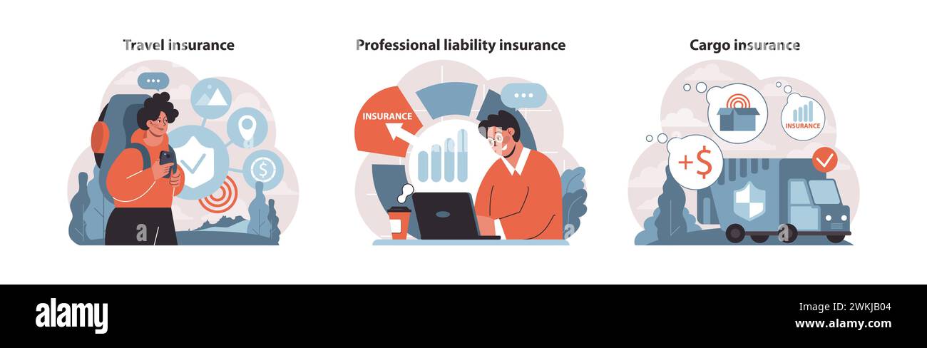 Insurance solutions set. Visuals on travel, professional liability, and ...