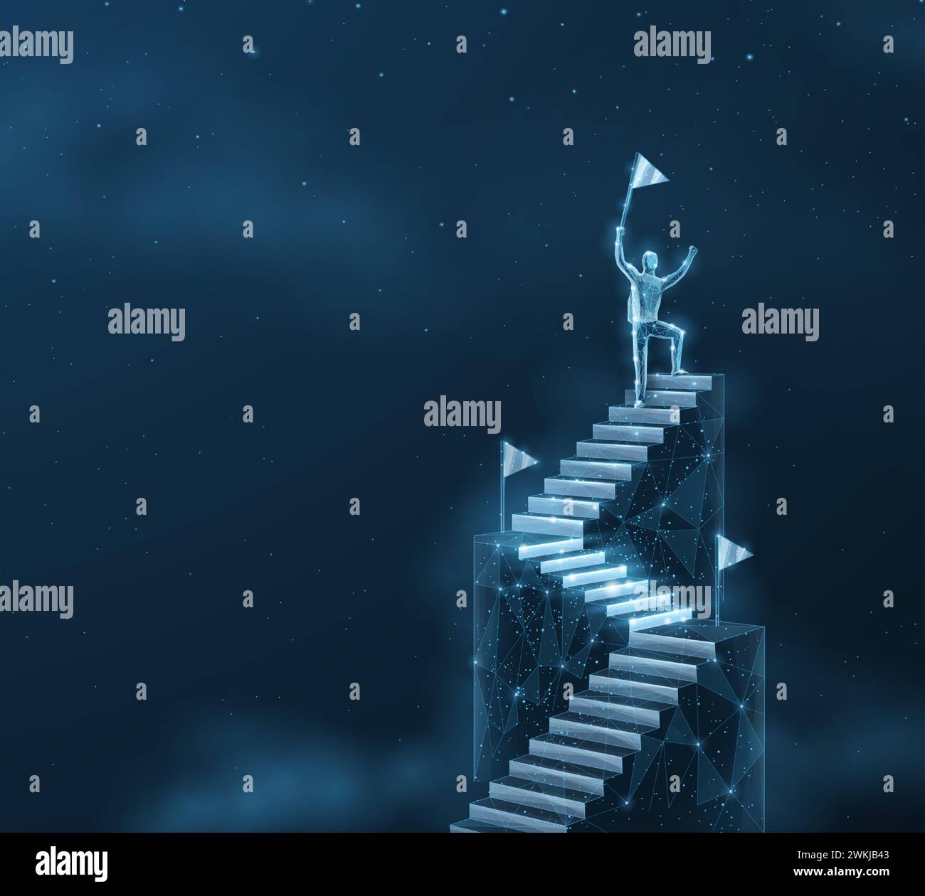 Man on the top of ladder. Digital success, succeed path, accomplish ...