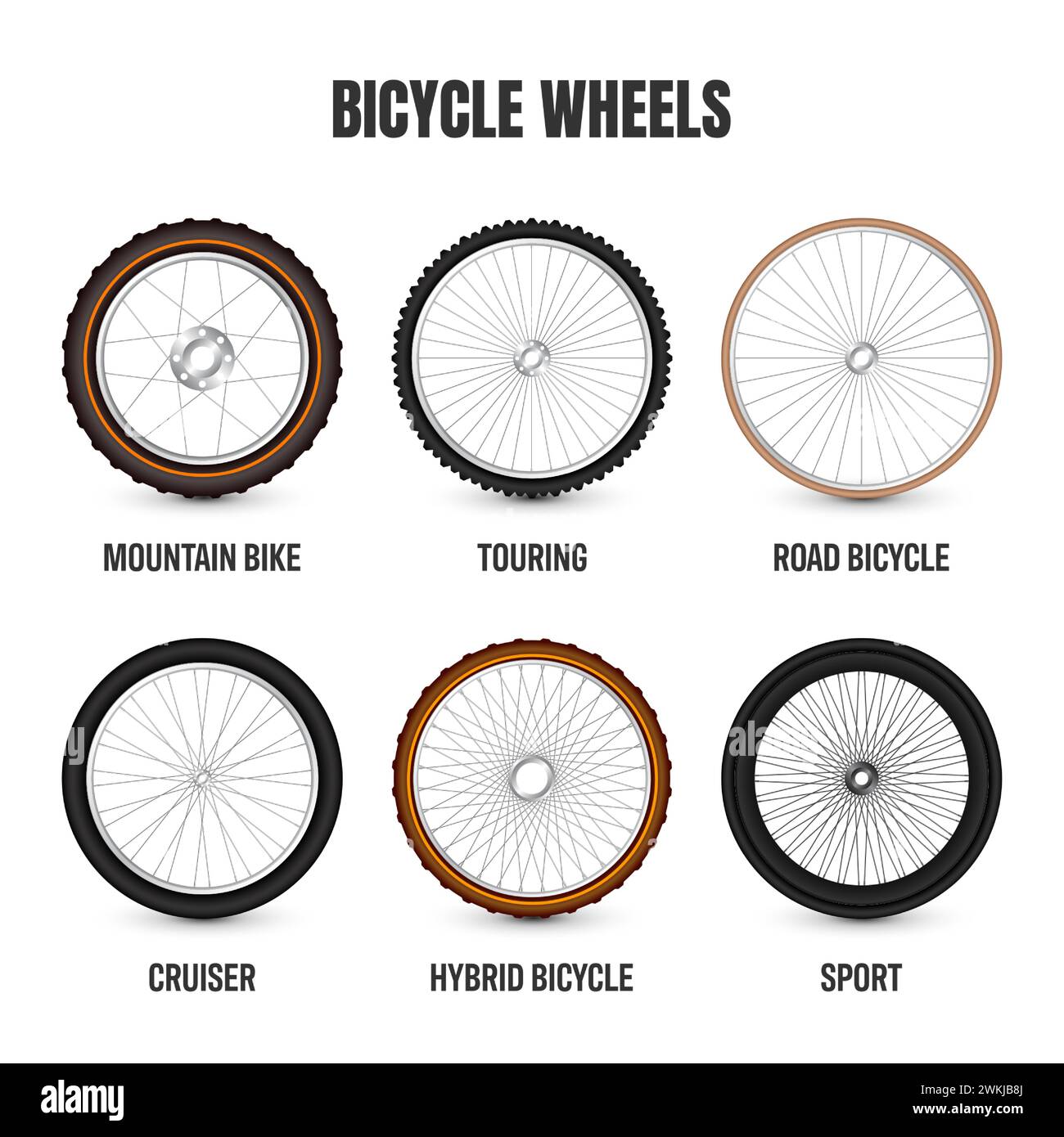 Realistic 3d retro bicycle wheels. Vintage bike rubber tyres, shiny ...