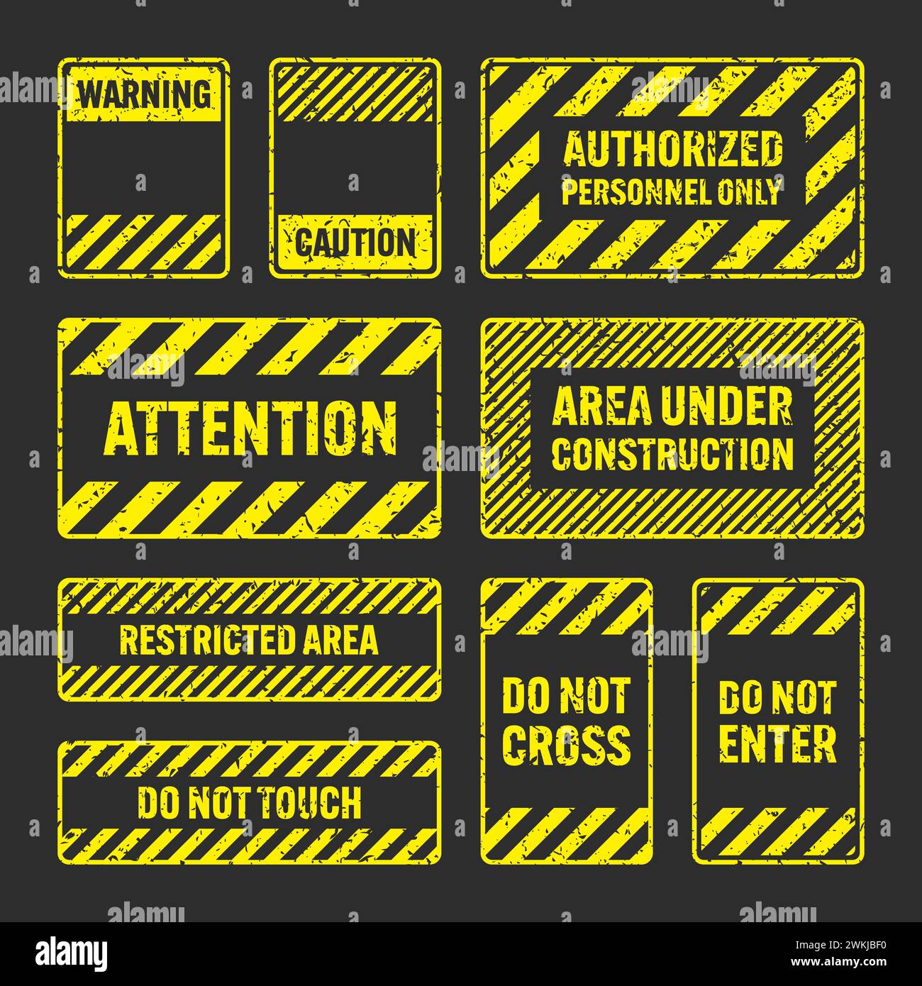 Various yellow grunge warning signs with diagonal lines. Old attention ...