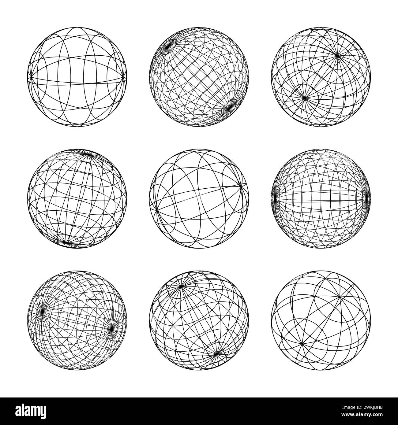 Wireframe shapes, lined sphere. Perspective mesh, 3d grid. Low poly ...
