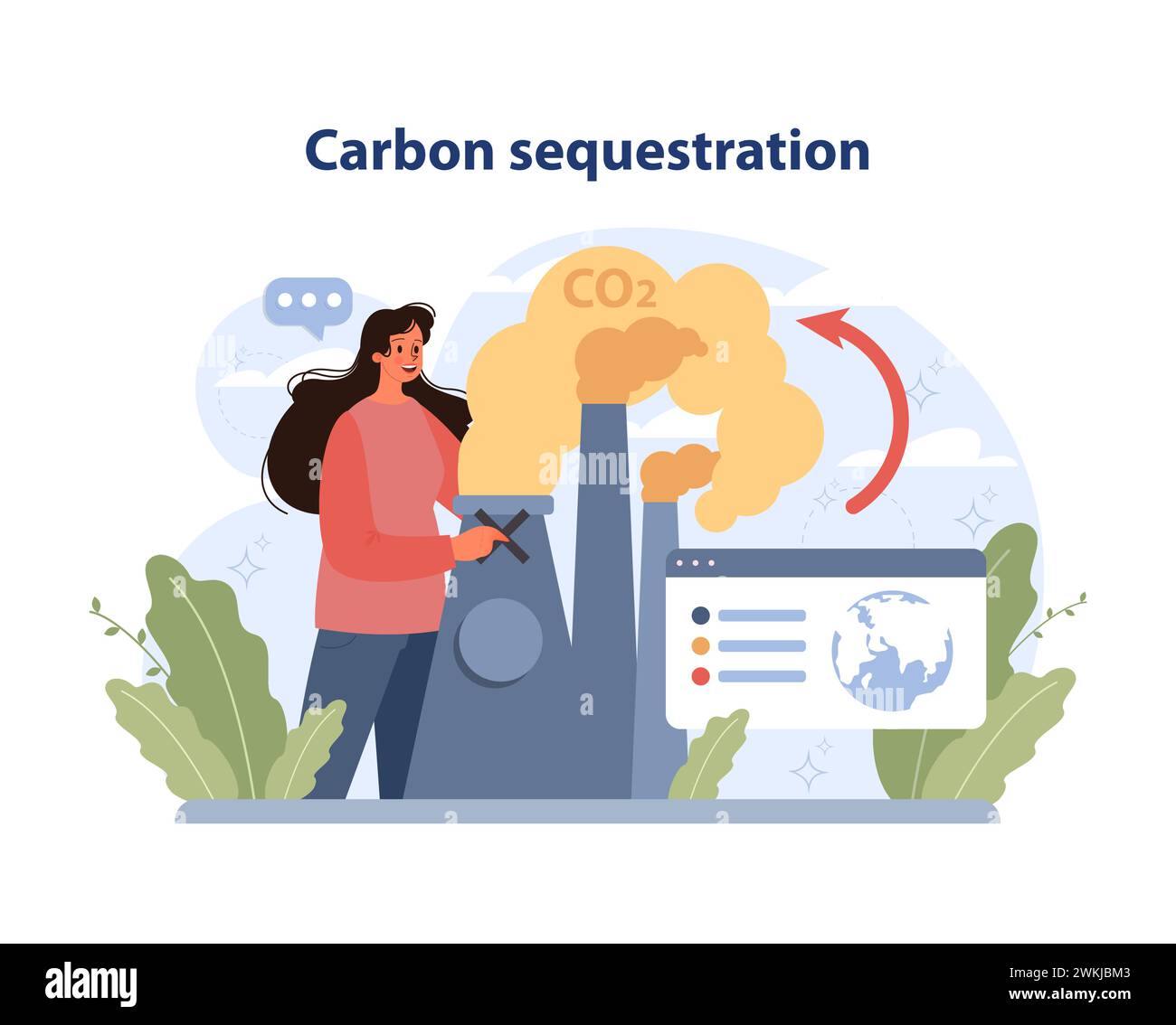 Carbon Sequestration concept. Woman monitors CO2 emissions, nature's ...