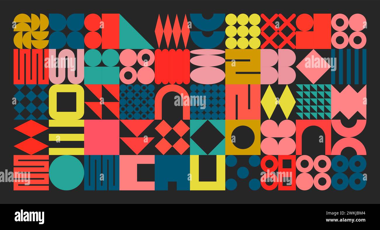 Geometric texture with simple shapes, symbols. Colorful primitive ...