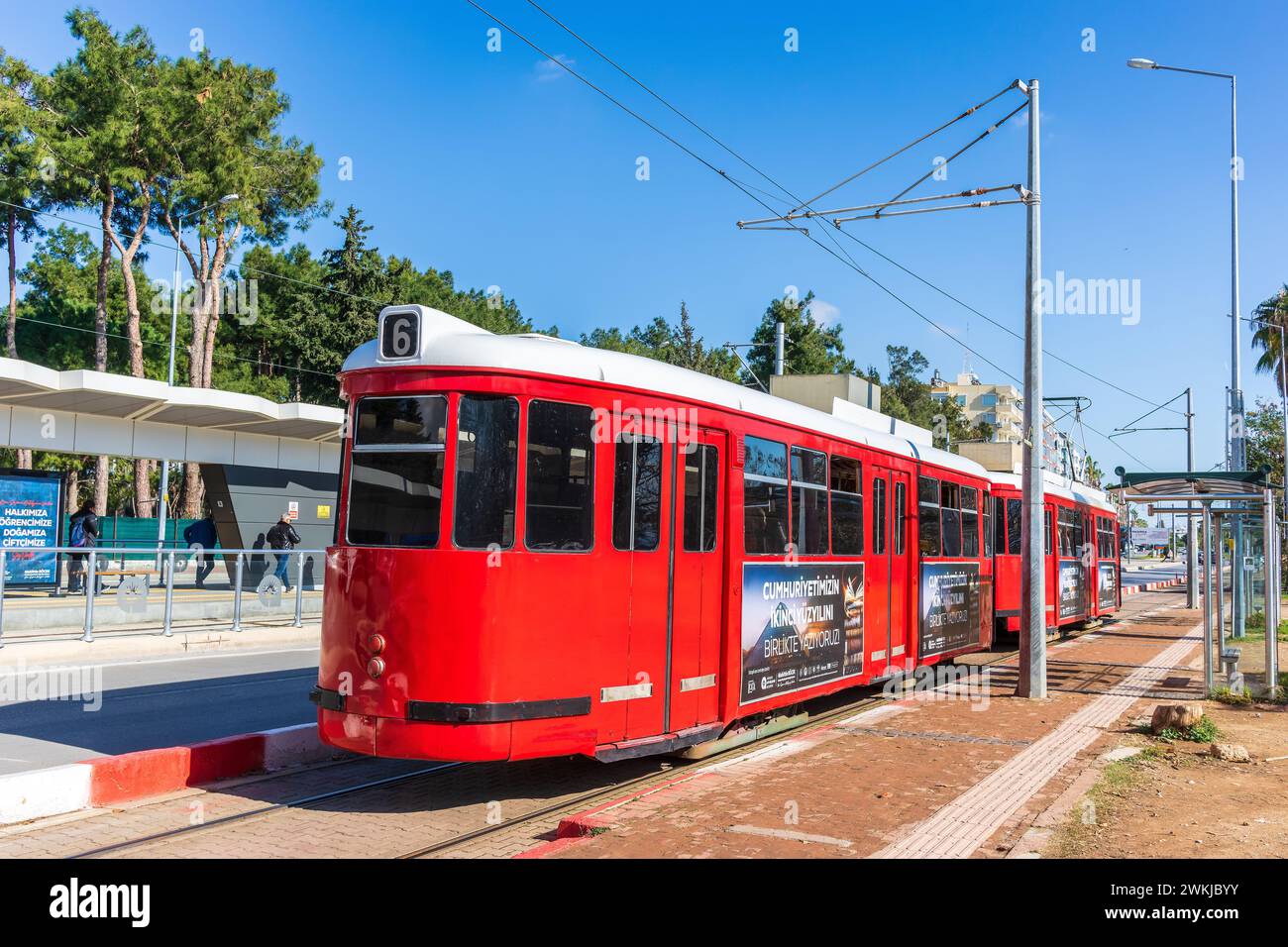 Nostalgic public transport tram in Antalya, Turkey runs along the main ...