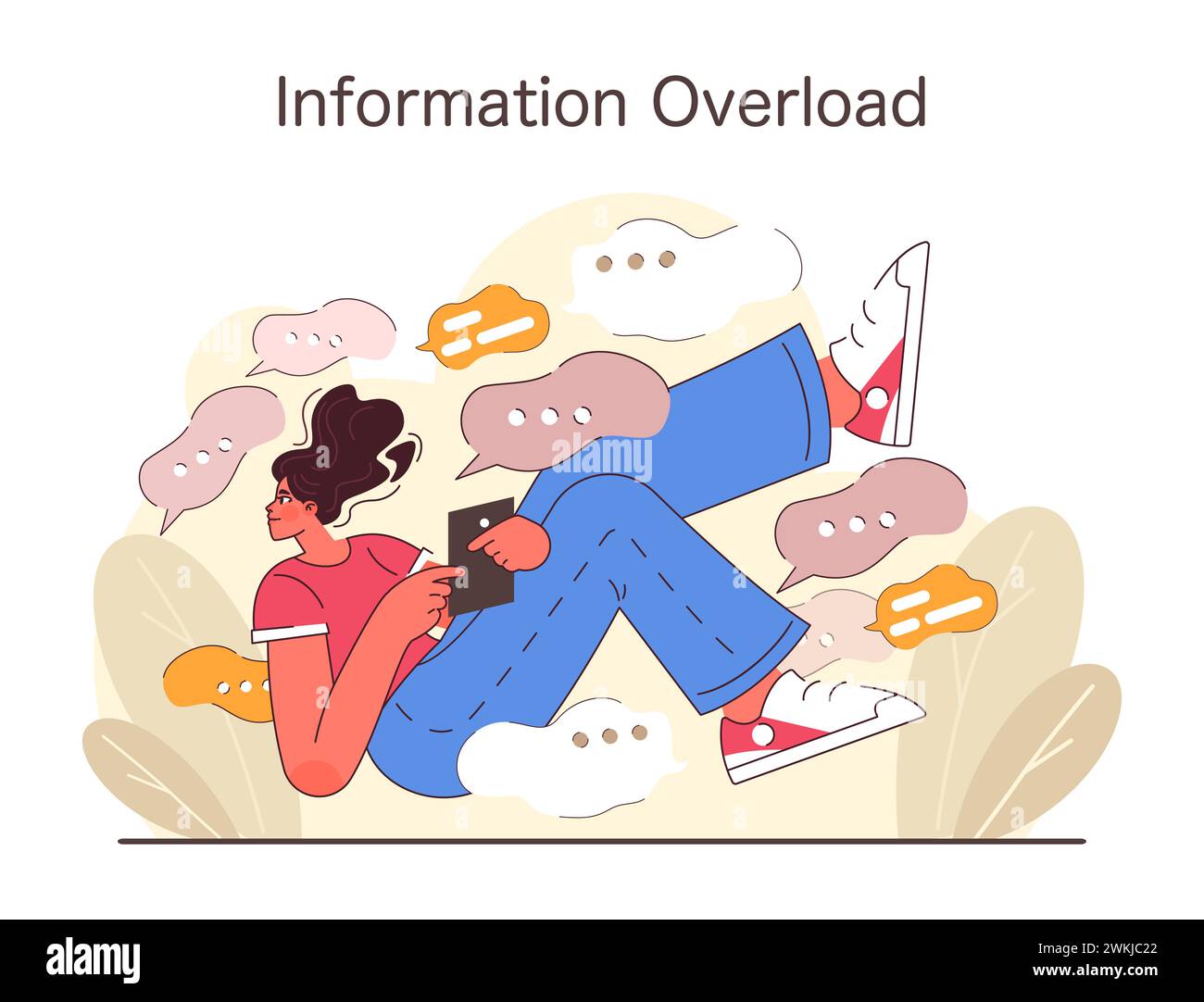 Information Overload concept. Young woman surrounded by a whirlwind of ...