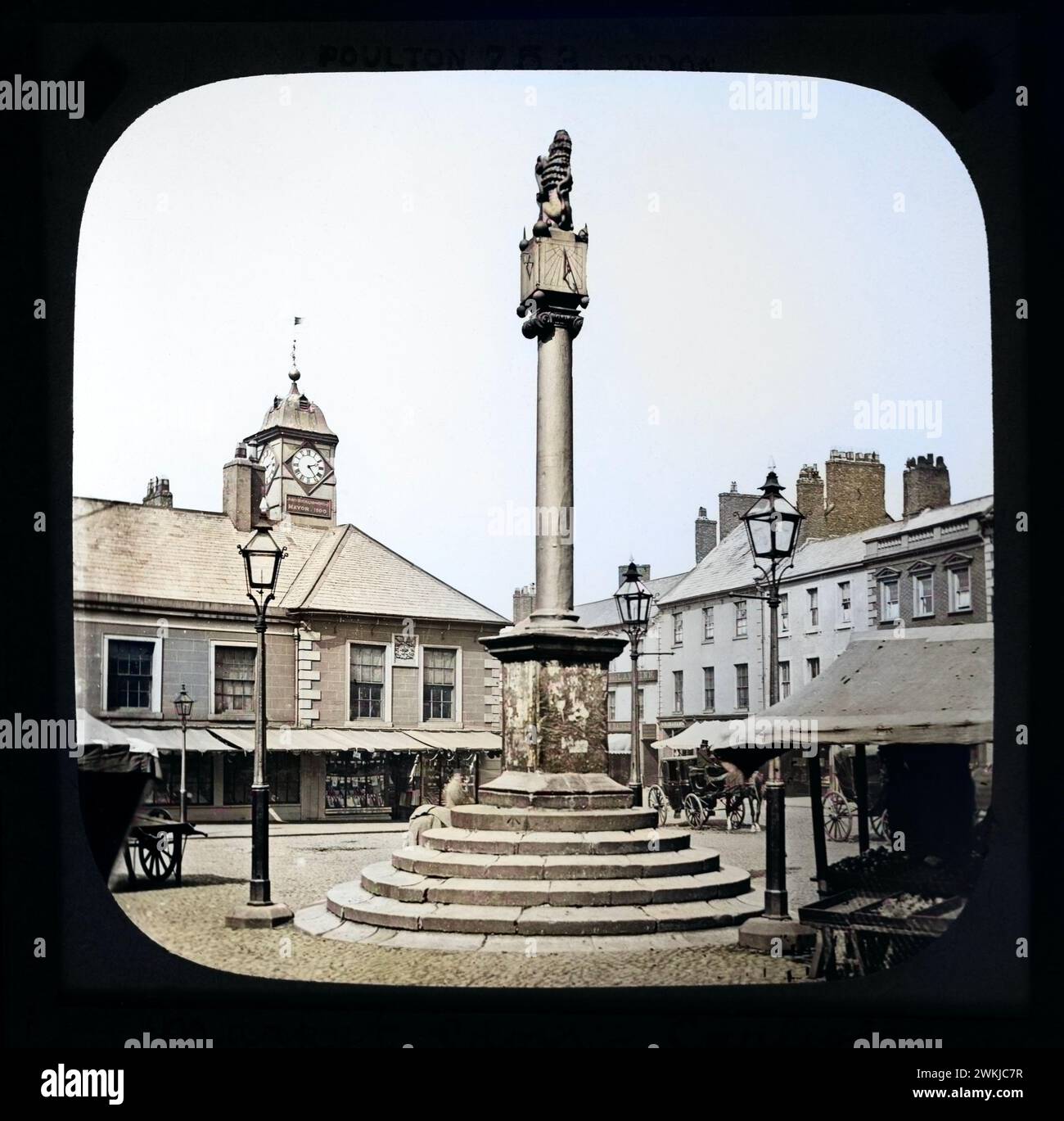 Colourised magic lantern slide of market cross monument, Carlisle ...