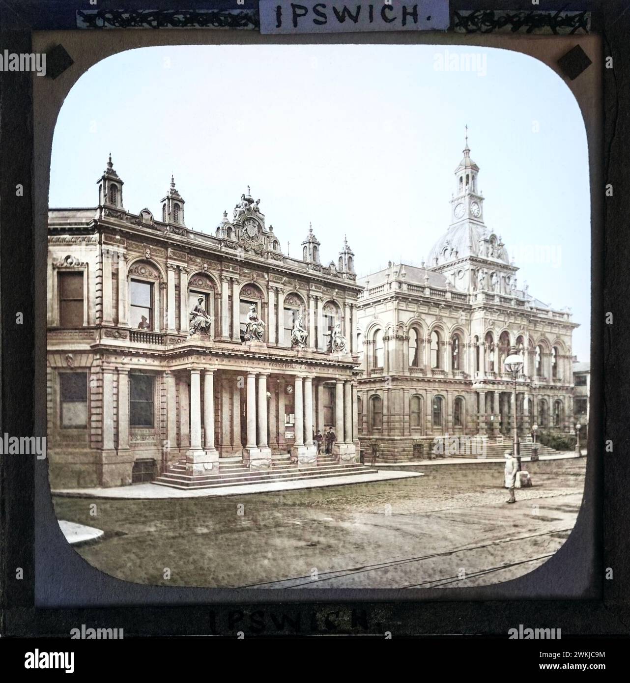 Colourised magic lantern slide of Post Office and Corn Exchange buildings, Ipswich, Suffolk ...