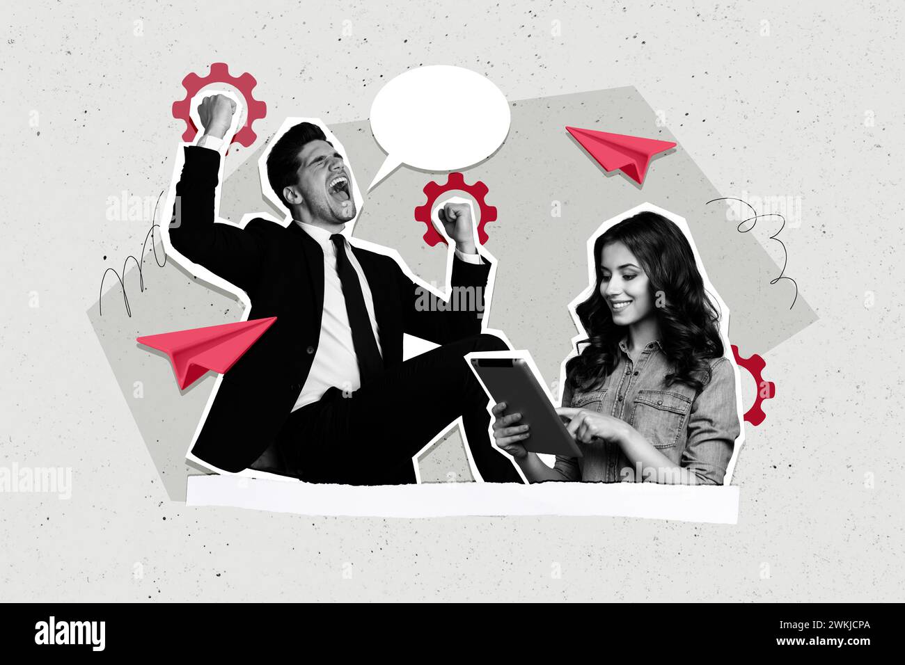 Creative collage image businesspeople woman browsing tablet project ...