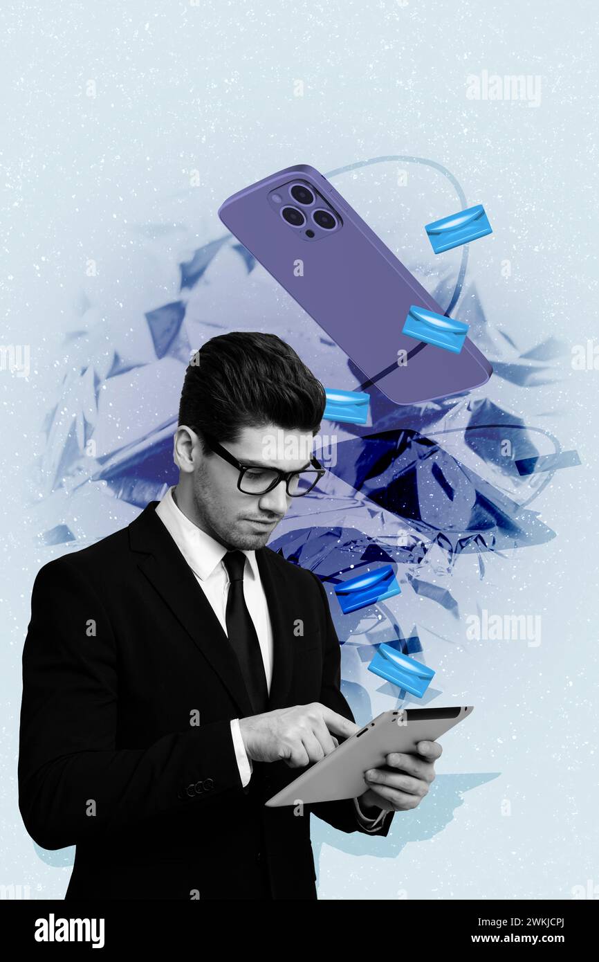 Vertical creative collage picture young businessman browse tablet ...