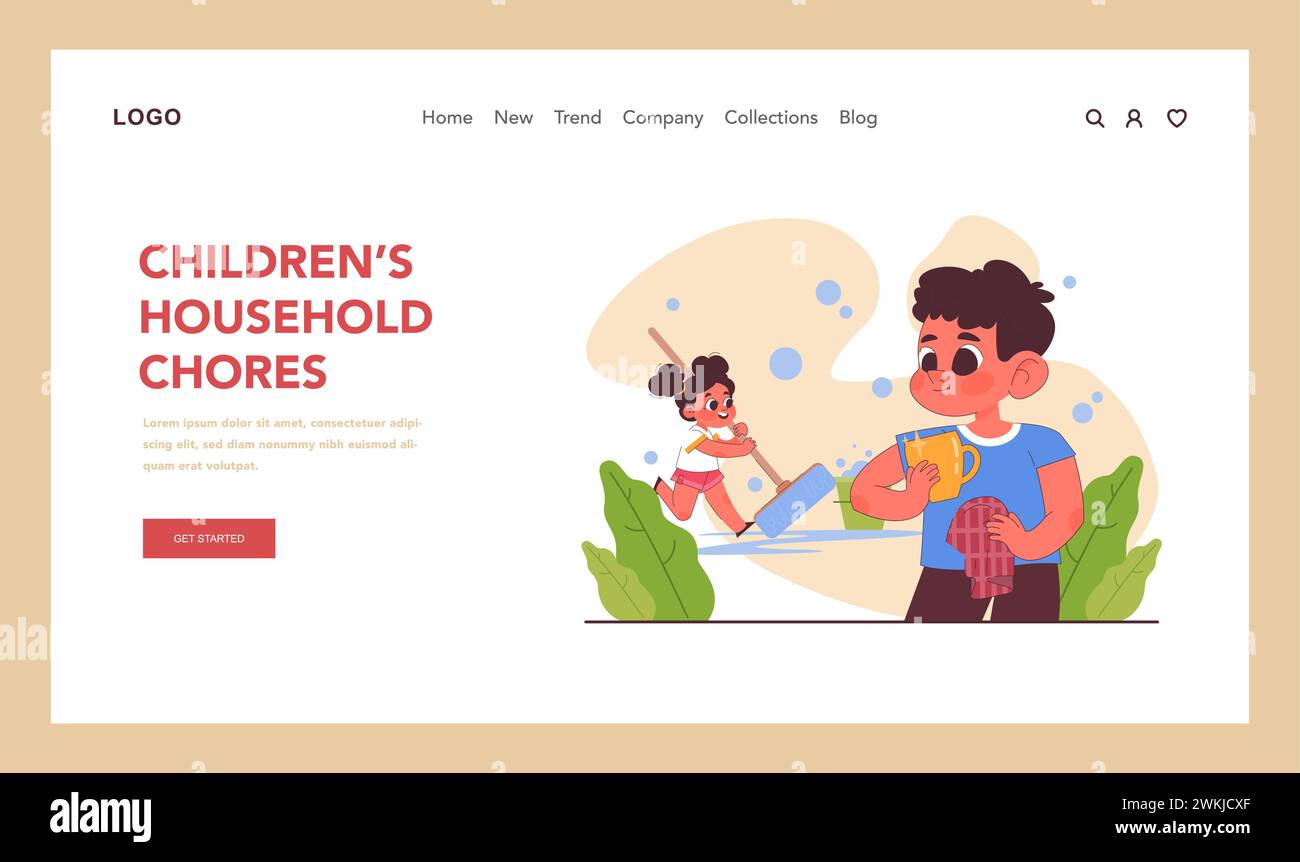 Child doing household chores web banner or landing page. Formation of ...