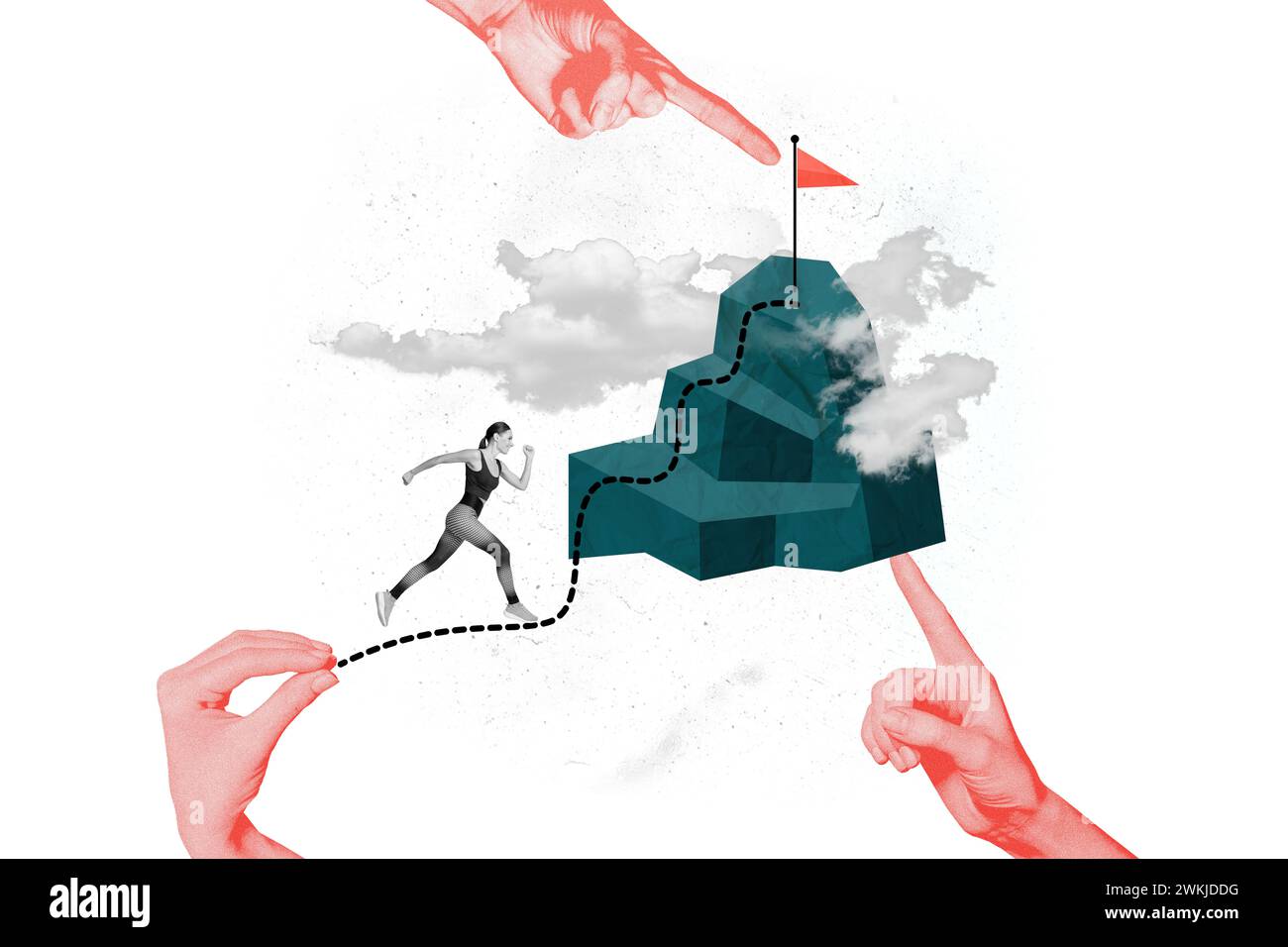 Creative photo collage young sportive girl running towards mountain ...