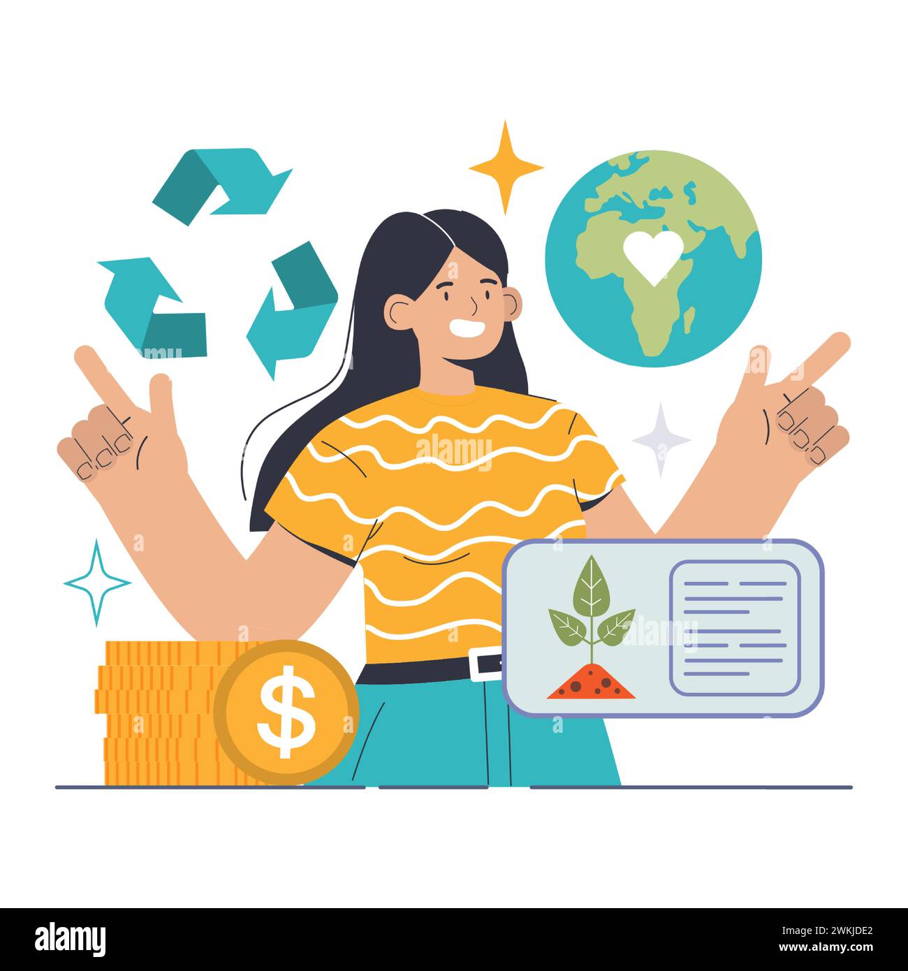 Environmental Advocacy concept. Woman promoting recycling, earth care ... Environmental Advocacy concept. Woman promoting recycling, earth care ...