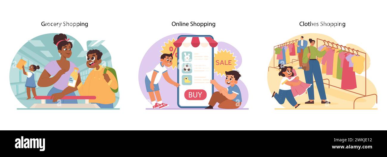 Shopping journey set. Family grocery trips, childs joy in online sales ...