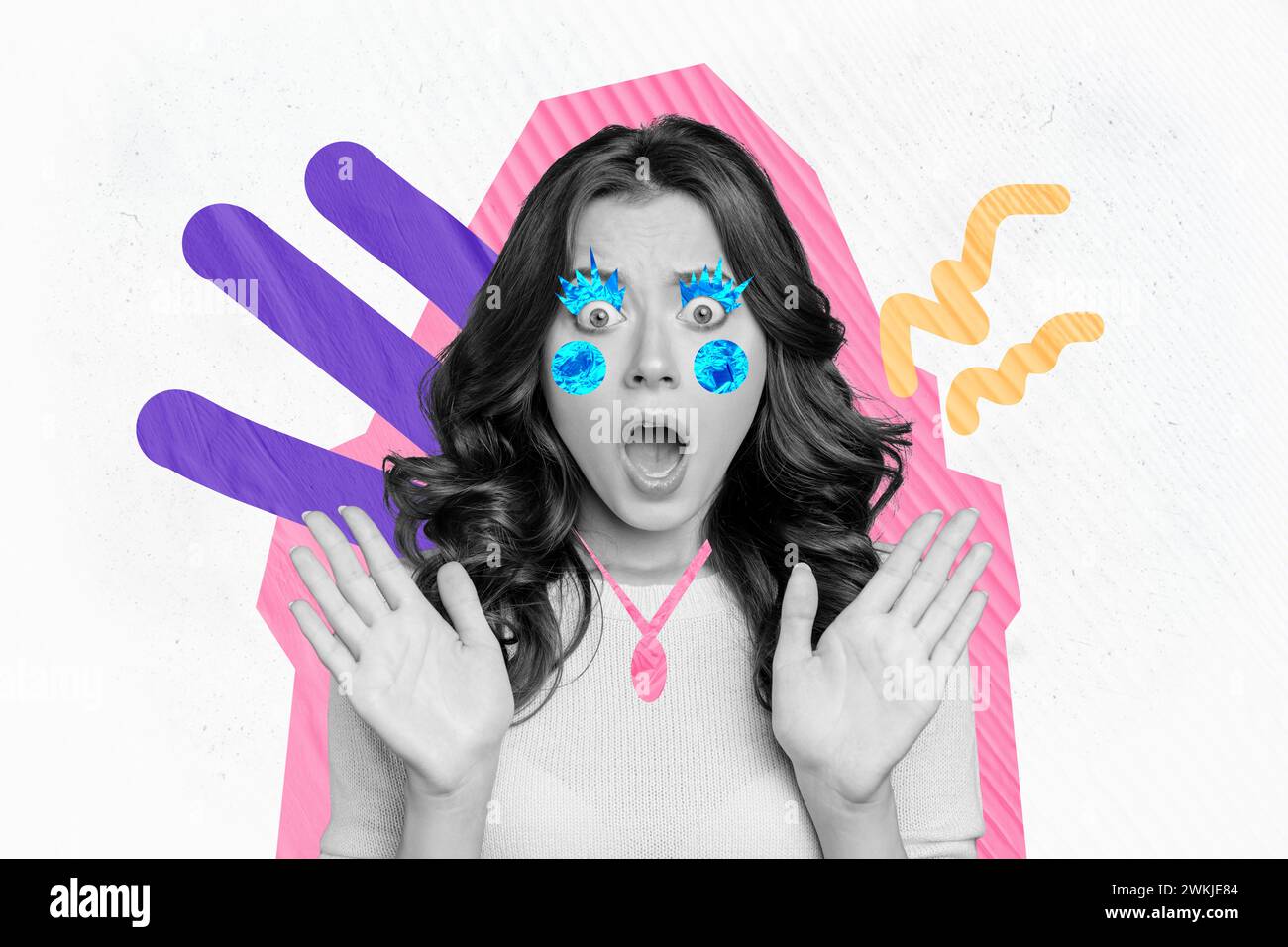 Creative collage young astonished girl express wonder emotion reaction ...