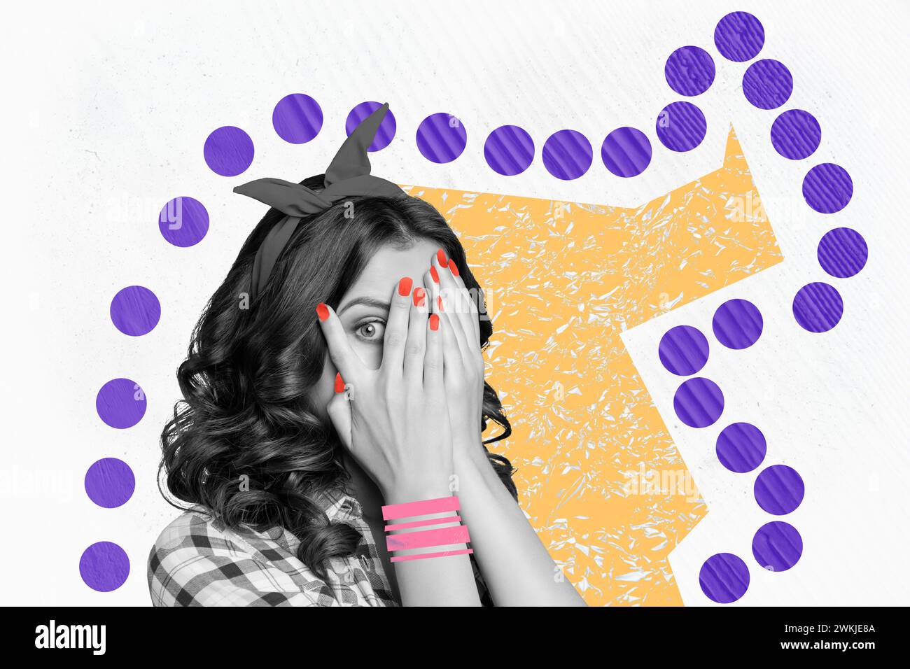 Creative photo collage young woman cover face arms palms peek one eye ...
