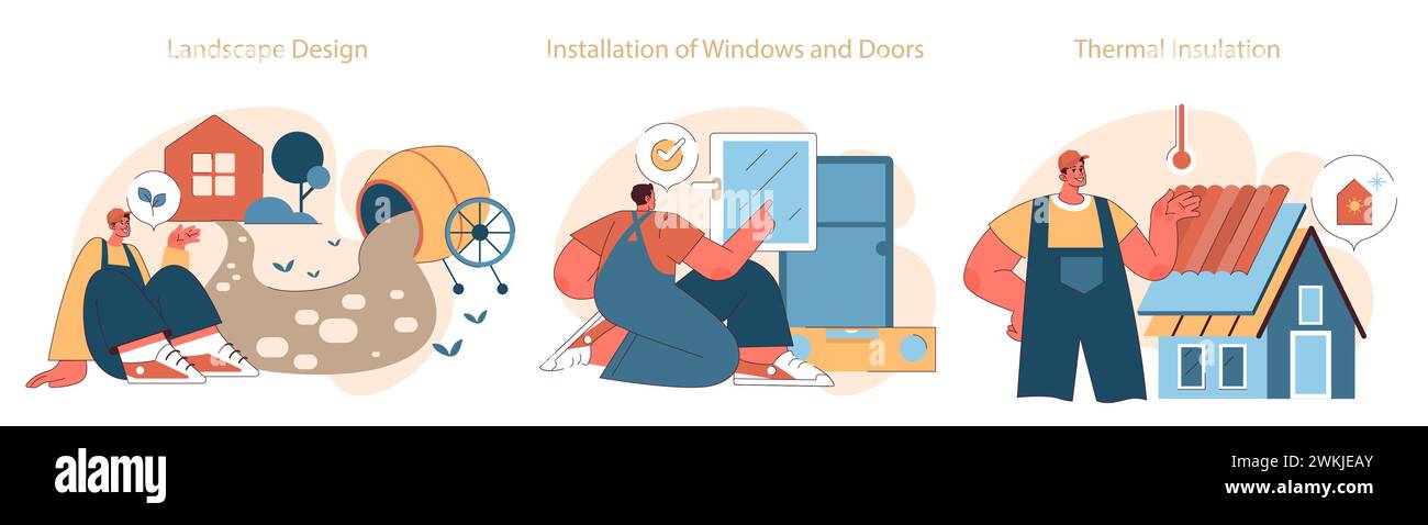 Construction work set. Specialists in landscape design, window installation, and thermal ...