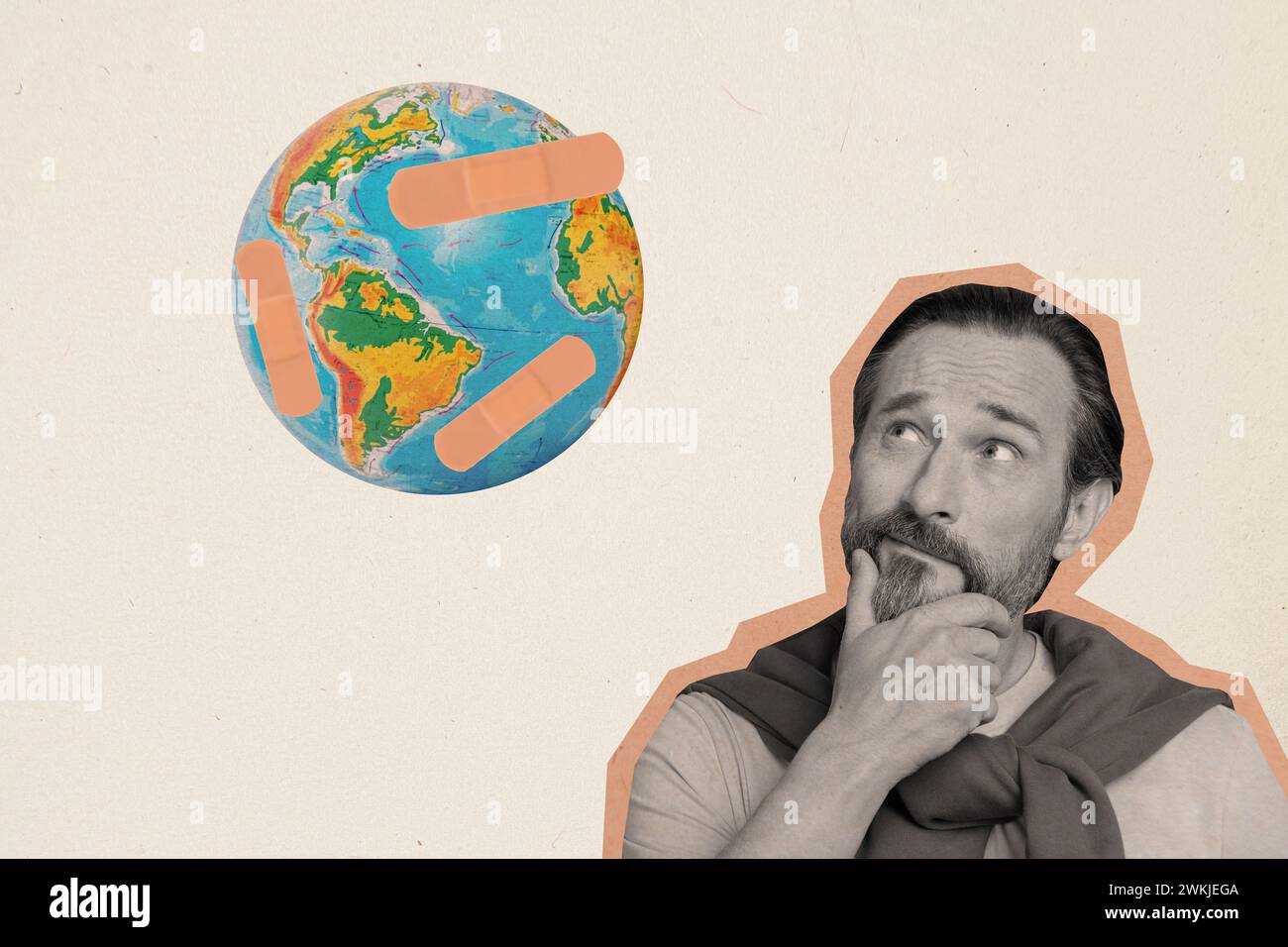 Abstract Creative Collage Aged Man Thinks How Planet Suffers Save Earth