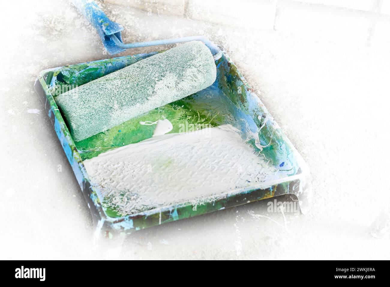 Painter craftsman artist tray,roller for painting,workplace with green ...