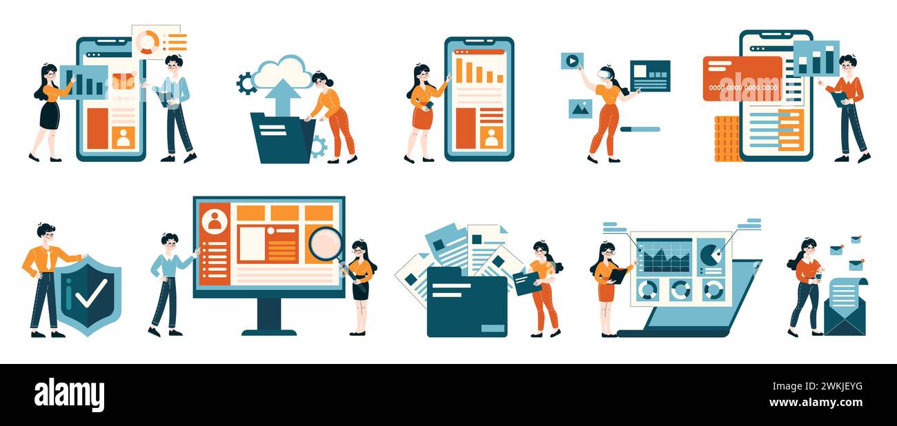 Digital Marketing set. Characters managing data analysis, cybersecurity ...