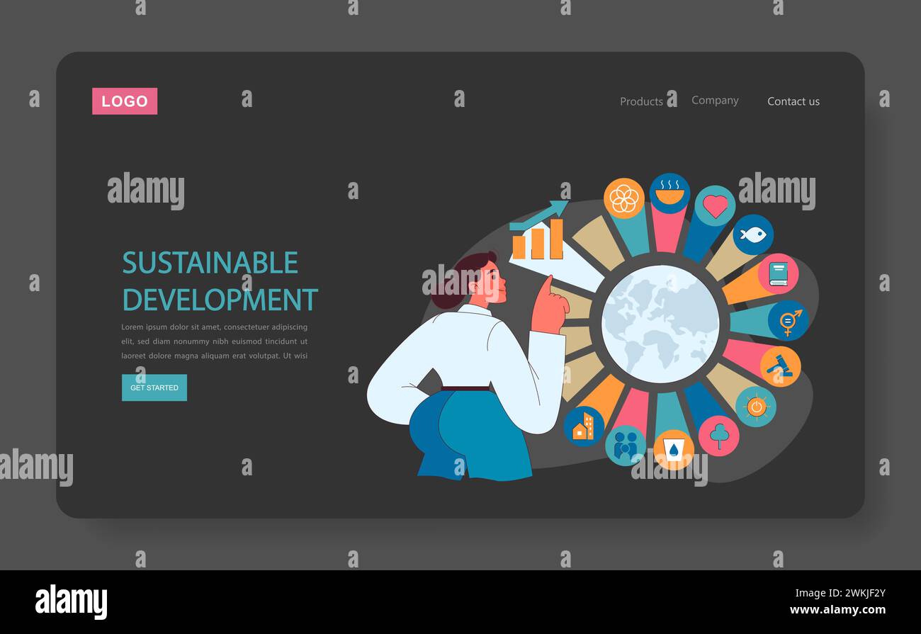Sustainable development dark or night mode web, landing. Unified strategy for global progress ...