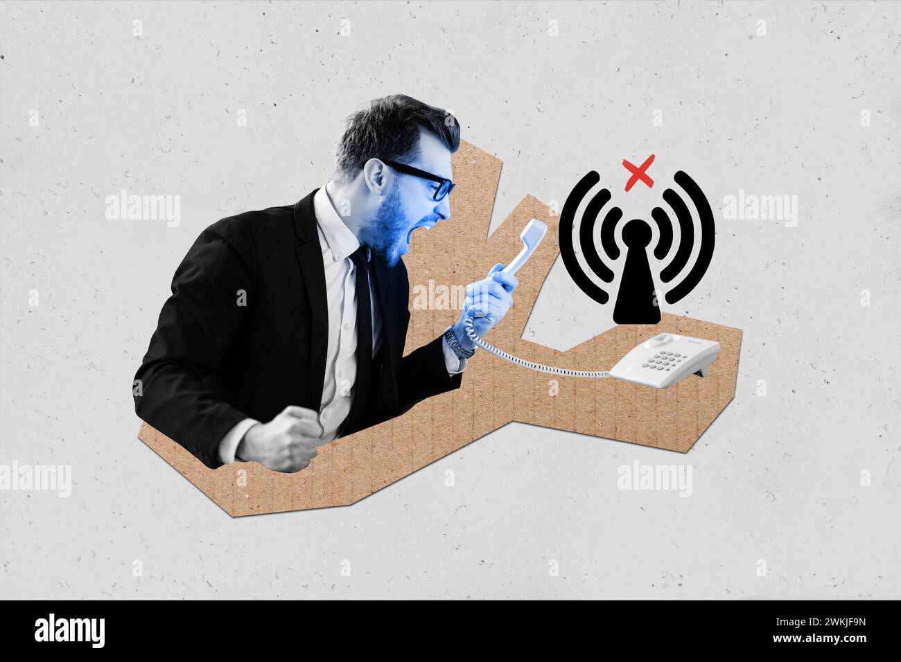 Creative trend collage of young man boss shouting phone call handset ...