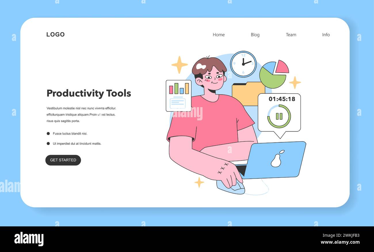 Efficient work concept. Young professional using laptop, surrounded by ...