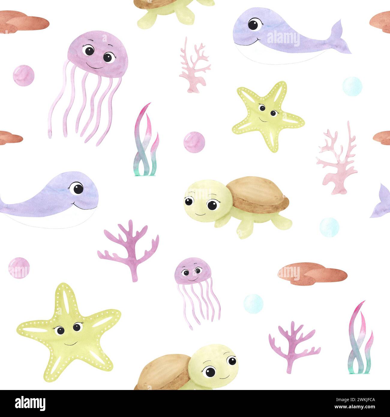 Seamless pattern with watercolor elements: baby turtle, whale ...