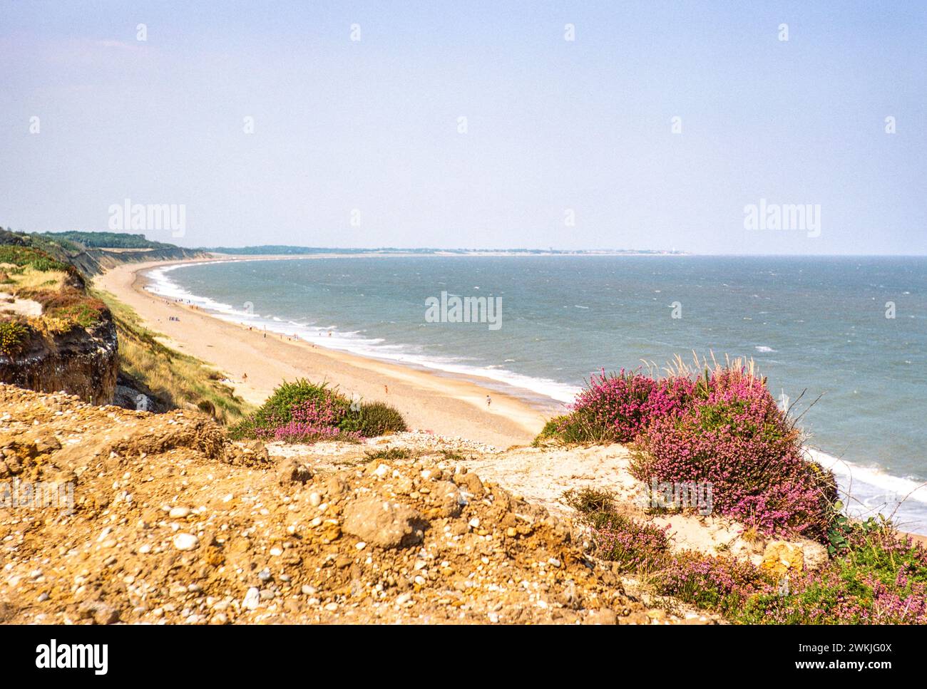 View of beach and coast from clifftop at Dunwich Heath, Suffolk ...