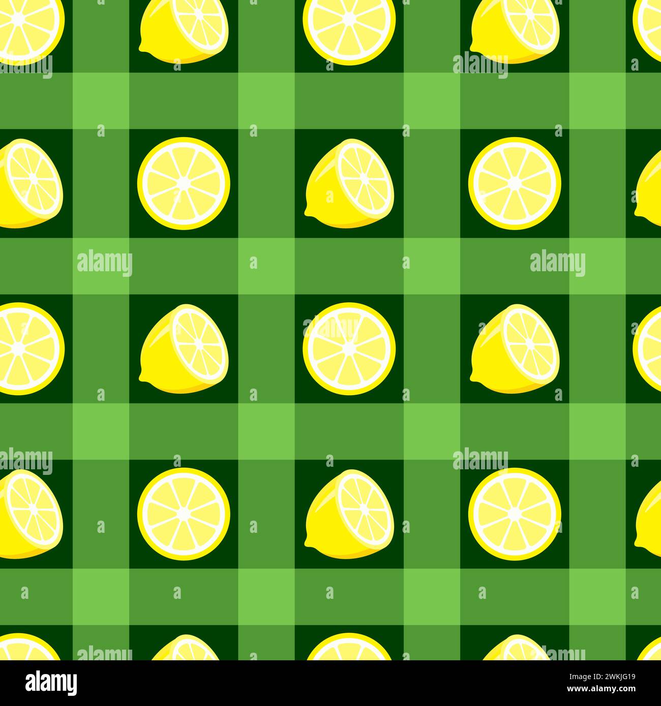 Gingham plaid, tartan fabric texture with lemon slices, vector seamless pattern. Tropical fruit ...