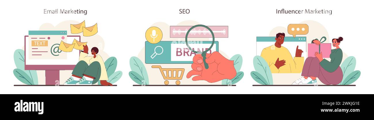 Marketing Strategies set. Dynamic illustrations of email campaigns, SEO ...