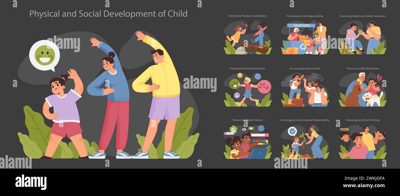 Physical and social development of child concept set. Children engaging ...