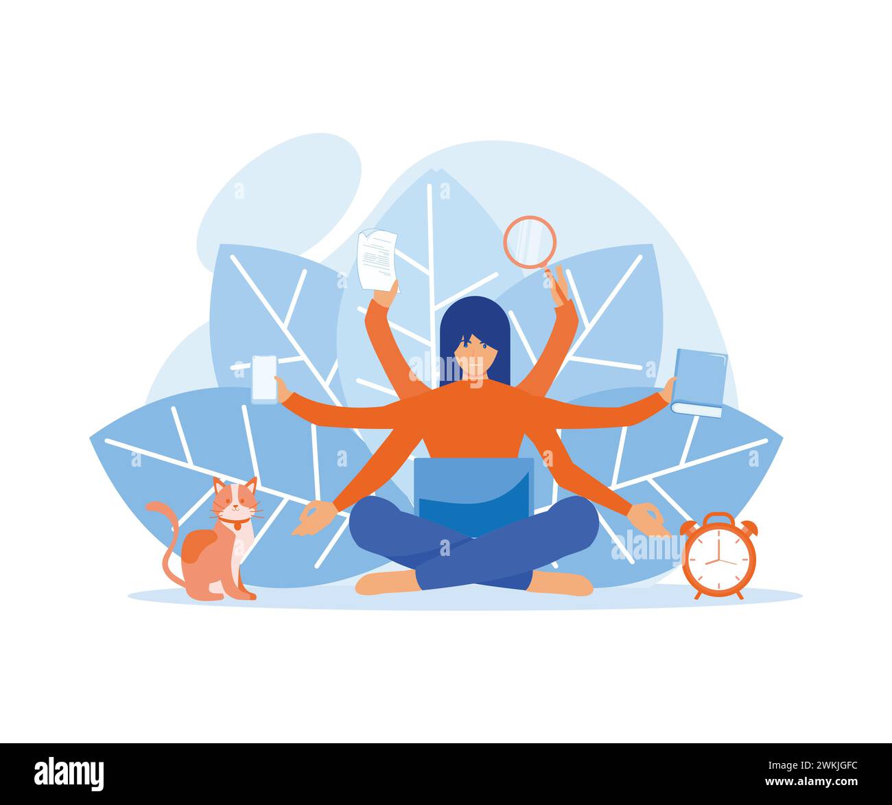 Businesswoman practicing meditation. Girl with many arms sits in the ...