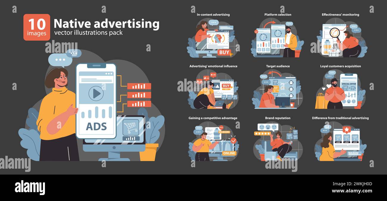 A comprehensive vector pack showcases strategies for native advertising, including emotional ...