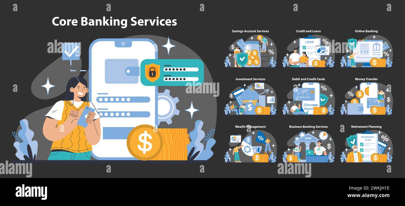 Core Banking Service night or dark mode set. Comprehensive financial ...