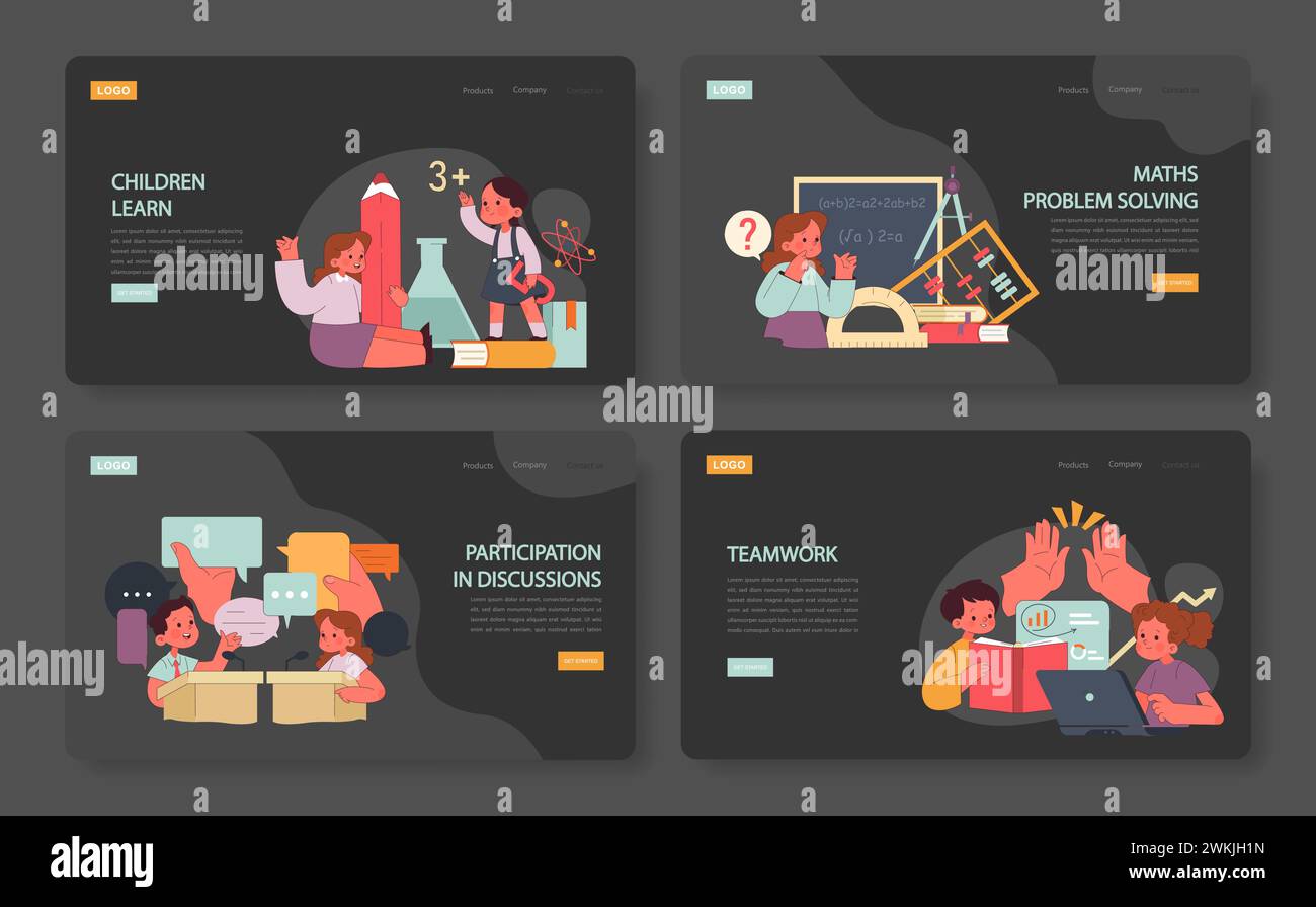 Children learn web or landing set. Elementary school classes. Kids ...