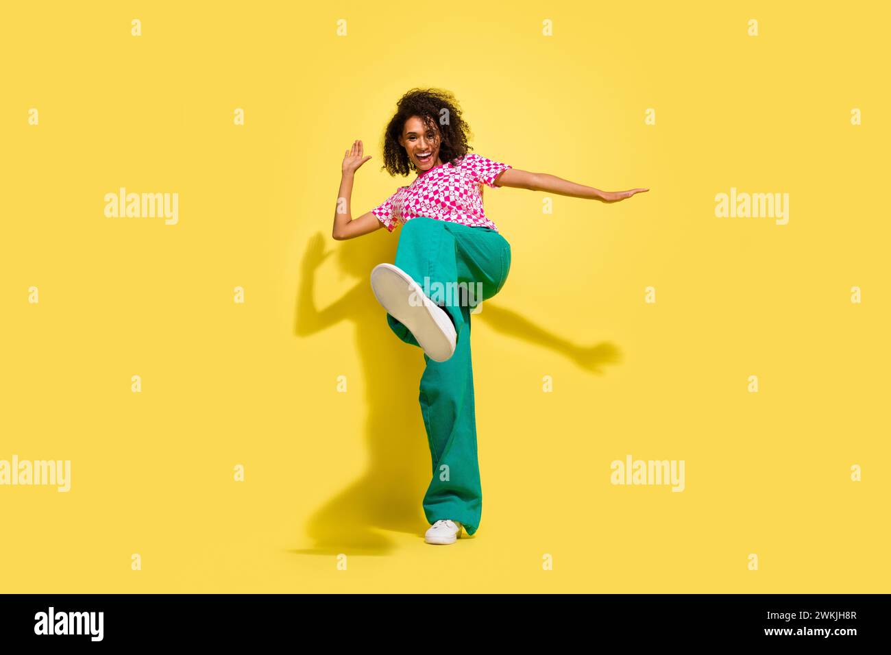 Full body portrait of crazy cheerful lady dance leg kick shoe sole ...