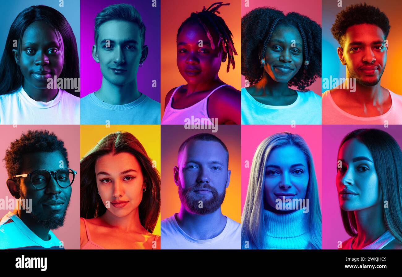 Collage made of portraits of male and female models different races ...