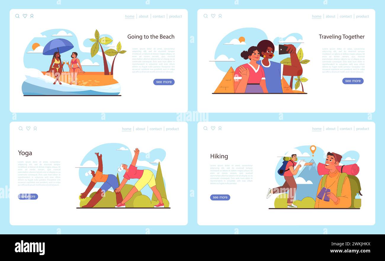 Friends activities set. Idyllic beach getaways, explorative travel ...