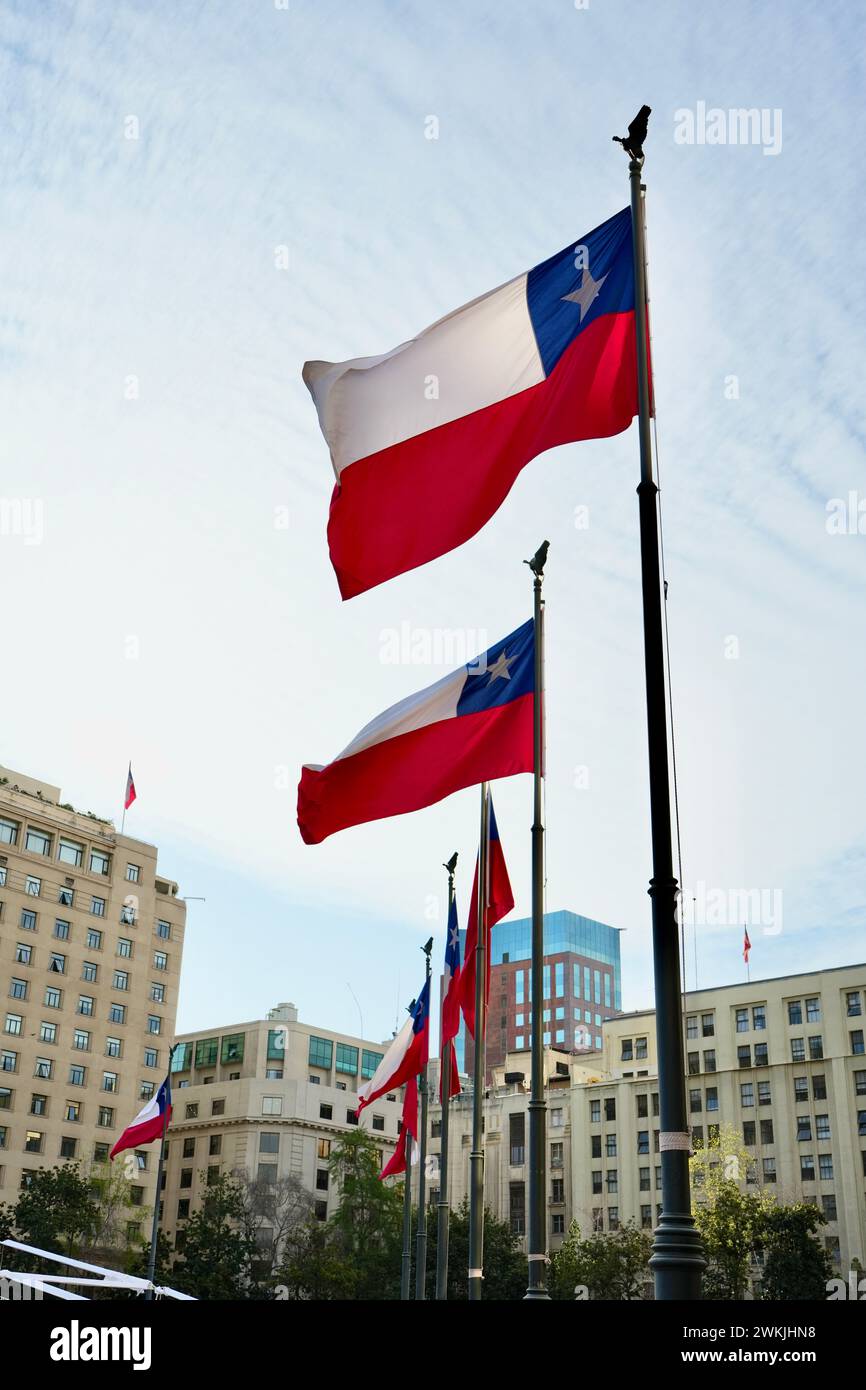 Chilean Flags outside The entrance to La Moneda Palace in Constitution ...